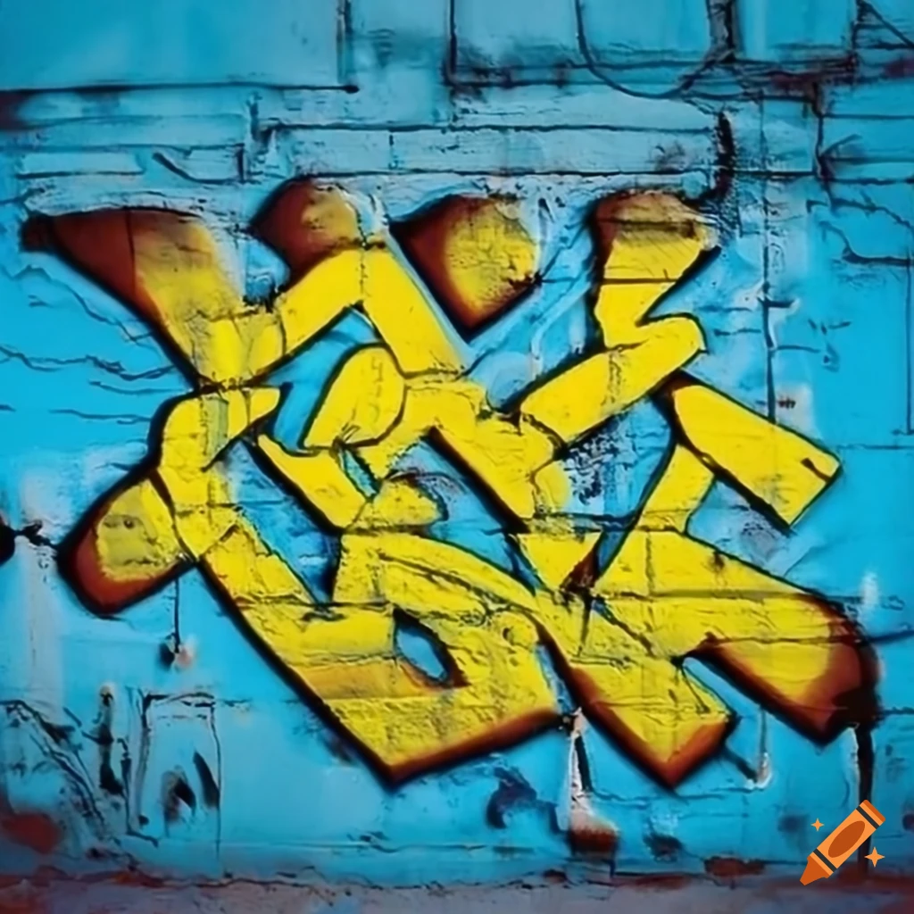 Yellow graffiti on a blue wall on Craiyon