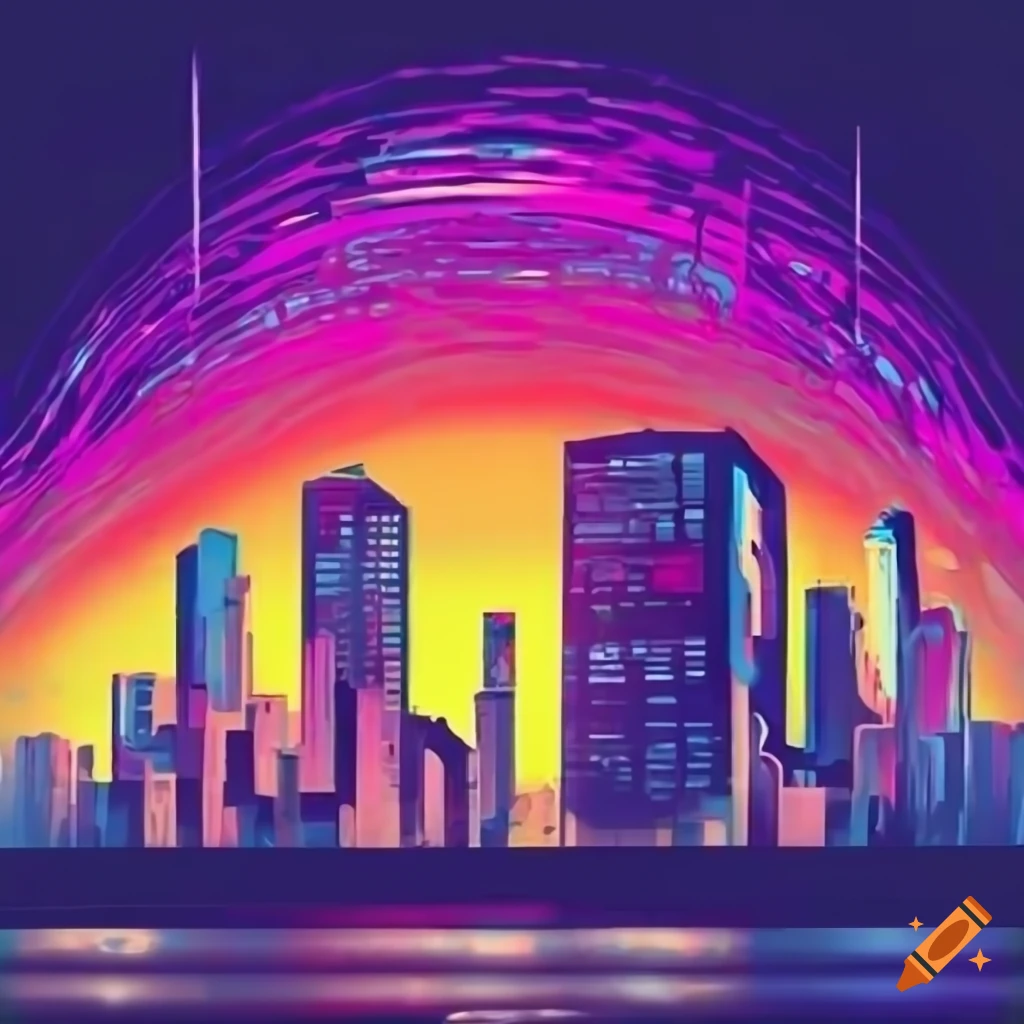 Retro 80s cityscape with text overlay on Craiyon