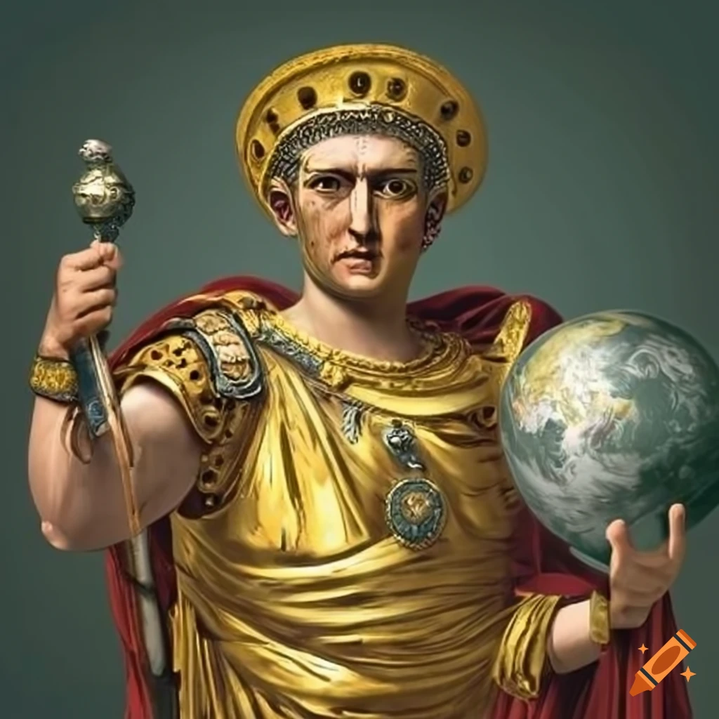 Portrait of roman emperor aurelian holding a globe and staff