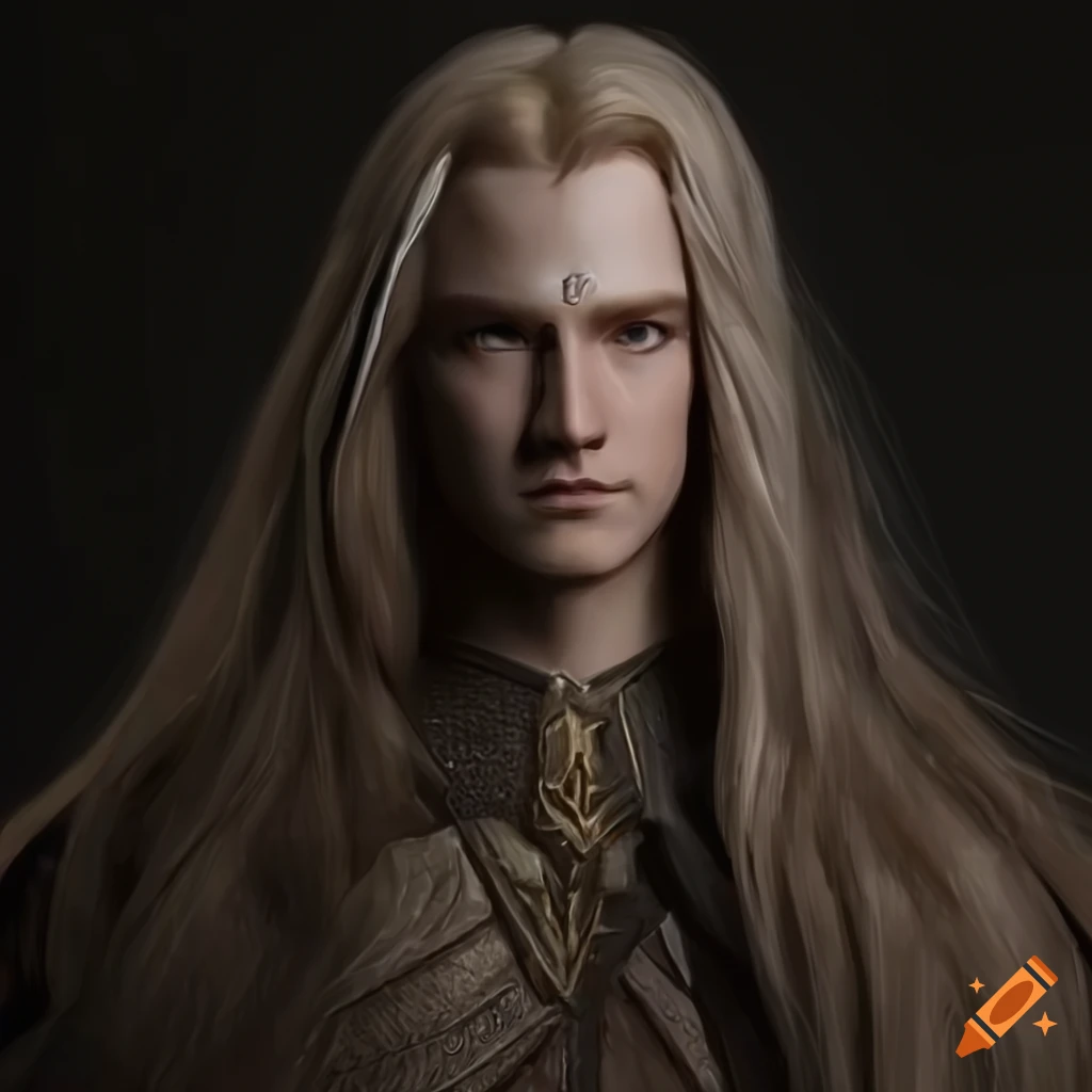 Full body model sheet of a male tolkien elf with light bronze armor