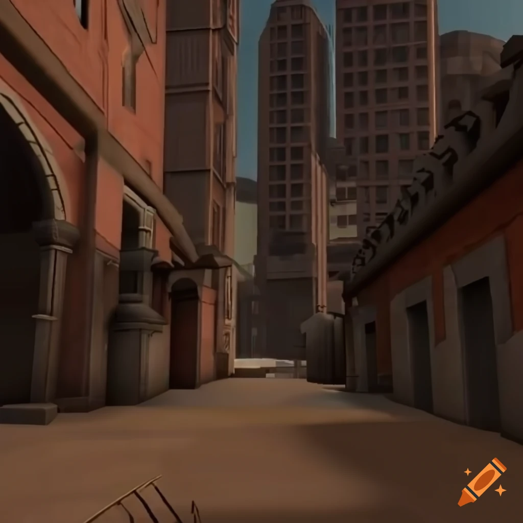 Screenshot of urban island map in team fortress 2