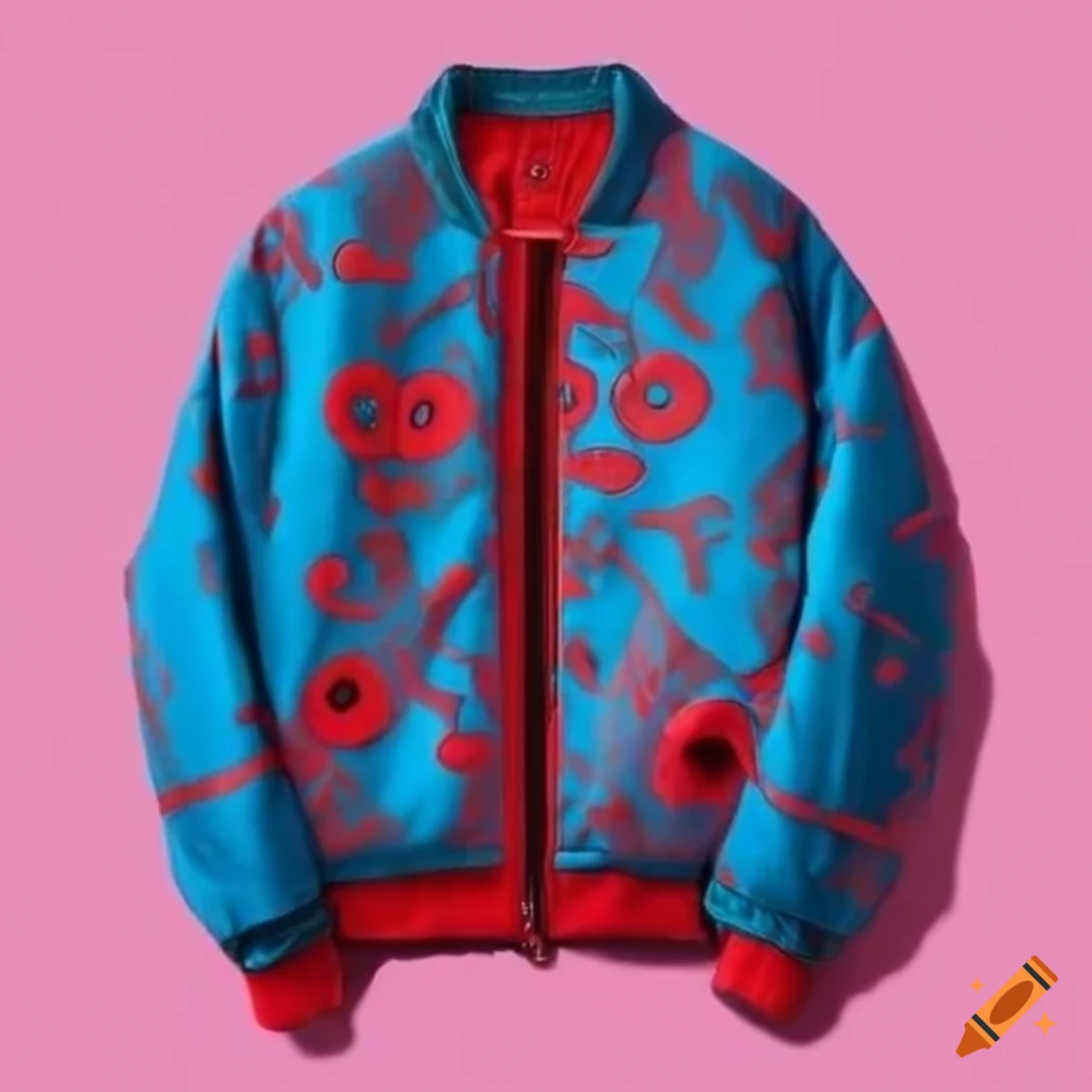 Blue retro starter jacket with red donut pattern