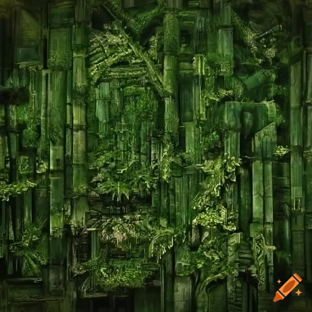 2d game artwork of an alien in overgrown ruins on Craiyon