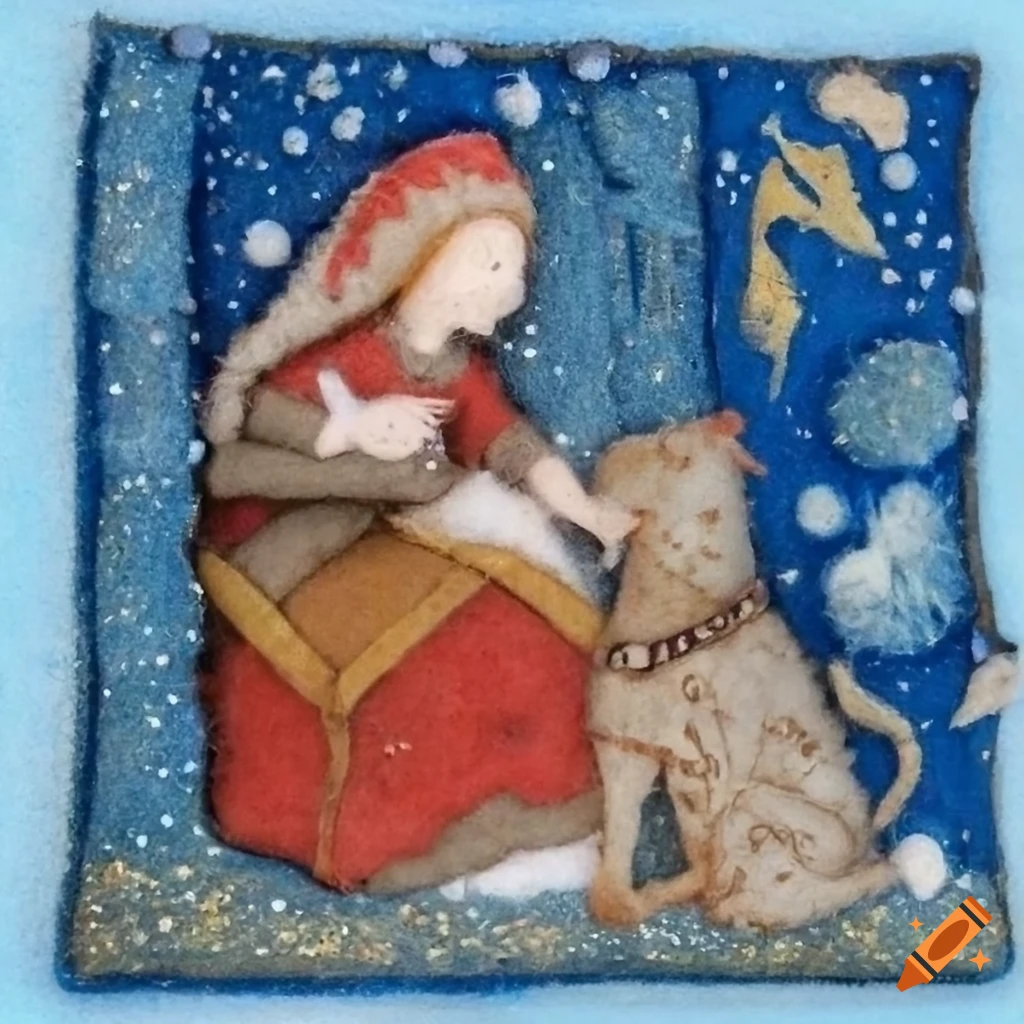Needle felt art of a medieval christmas scene