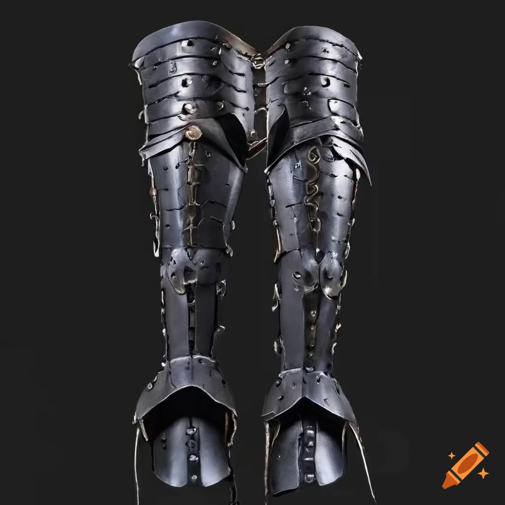 Detailed dark metal leg armor with gemstones on Craiyon