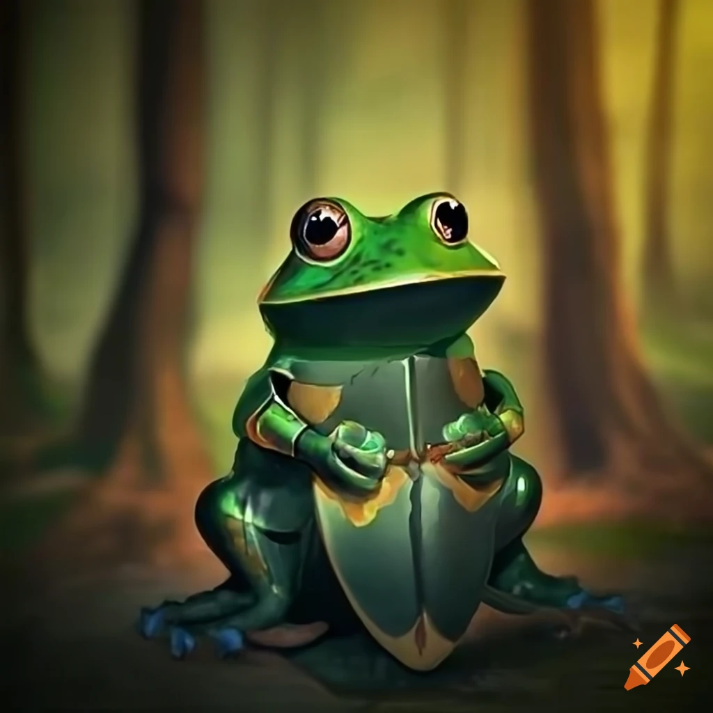 Frogs in knight armor in the forest on Craiyon
