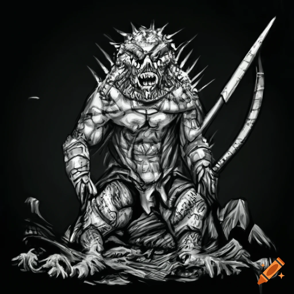 Black and white sketch of an evil lizard folk barbarian