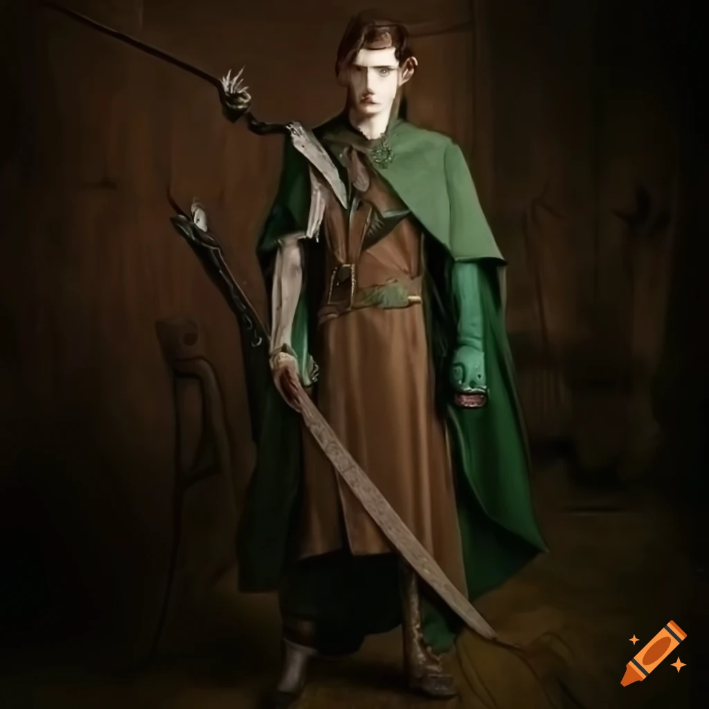 Illustration of a male tolkien elf in a hunter outfit on Craiyon