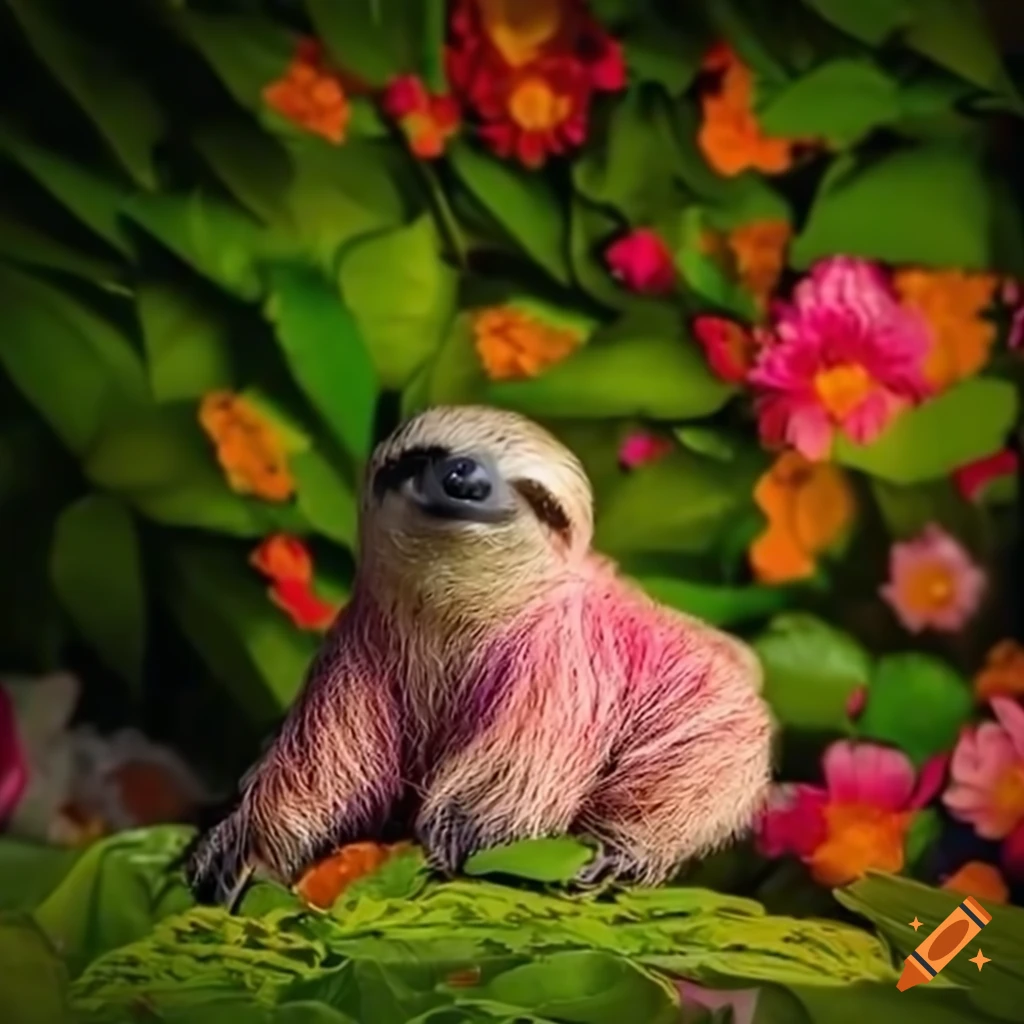 Cute pink sloth on colorful flower bed