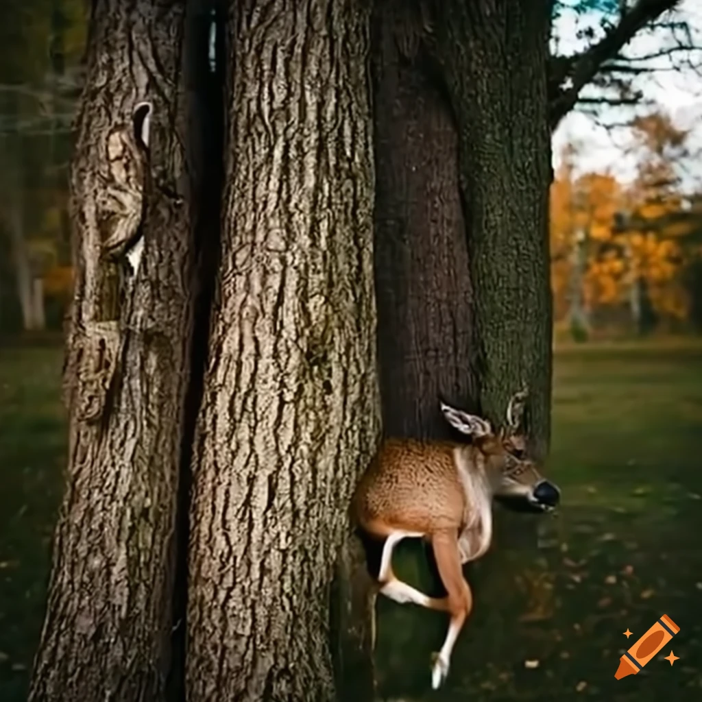 Humorous image of a drunk deer stuck in a tree on Craiyon
