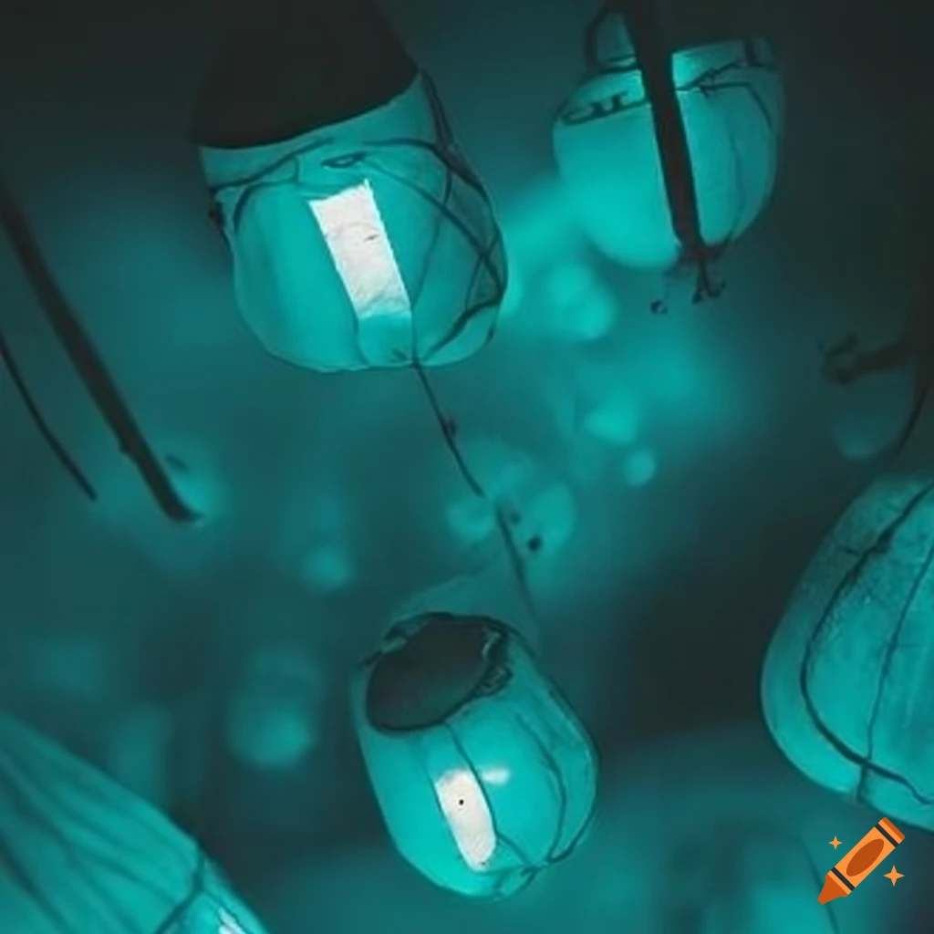 Mystical turquoise lanterns in a dark abyss on Craiyon