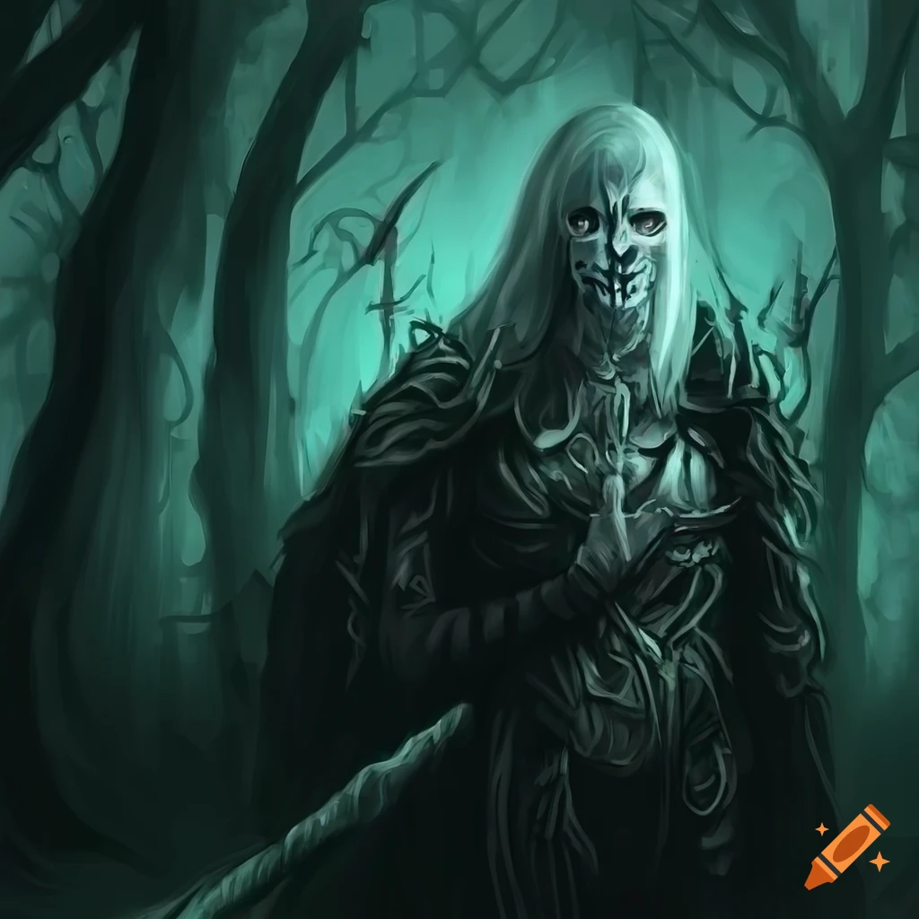 Dark fantasy painting of an elf king in a gloomy forest