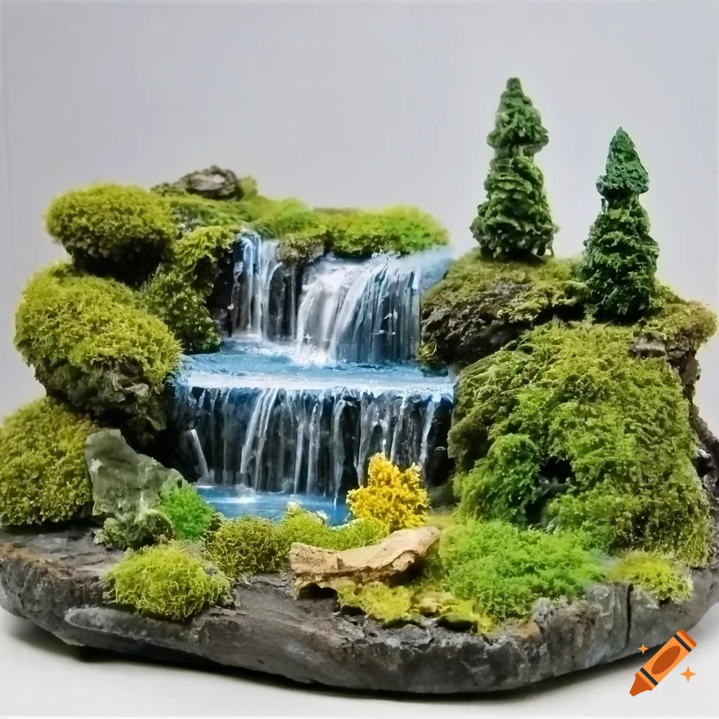 Product photo of a mossy diorama with a mini waterfall