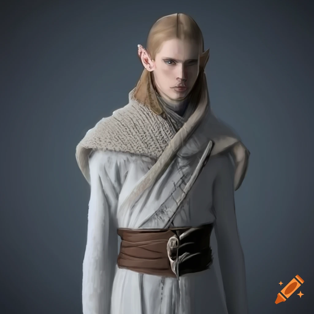 Model sheet of a male elven hunter in white winter outfit