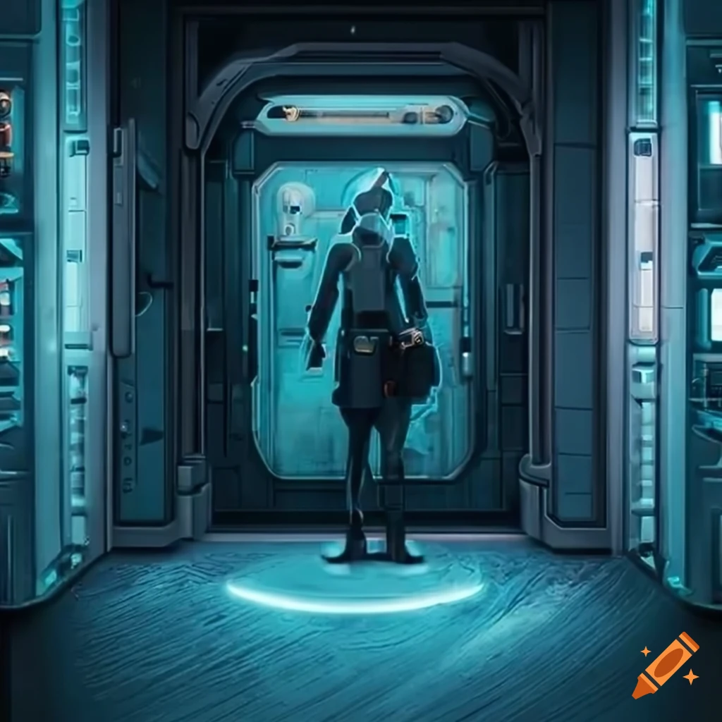 Sci-fi escape room with a hero typing on a terminal on Craiyon