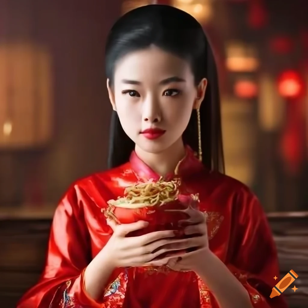 Picture of a chinese girl in traditional red silk dress on Craiyon