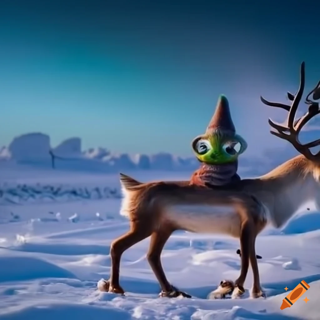 Illustration of an alien riding a reindeer in the snow on Craiyon