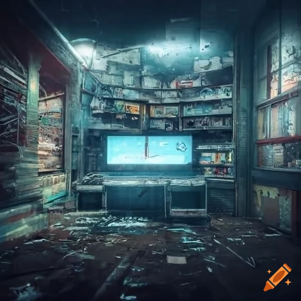 Interior of an abandoned video game store in a rainy city