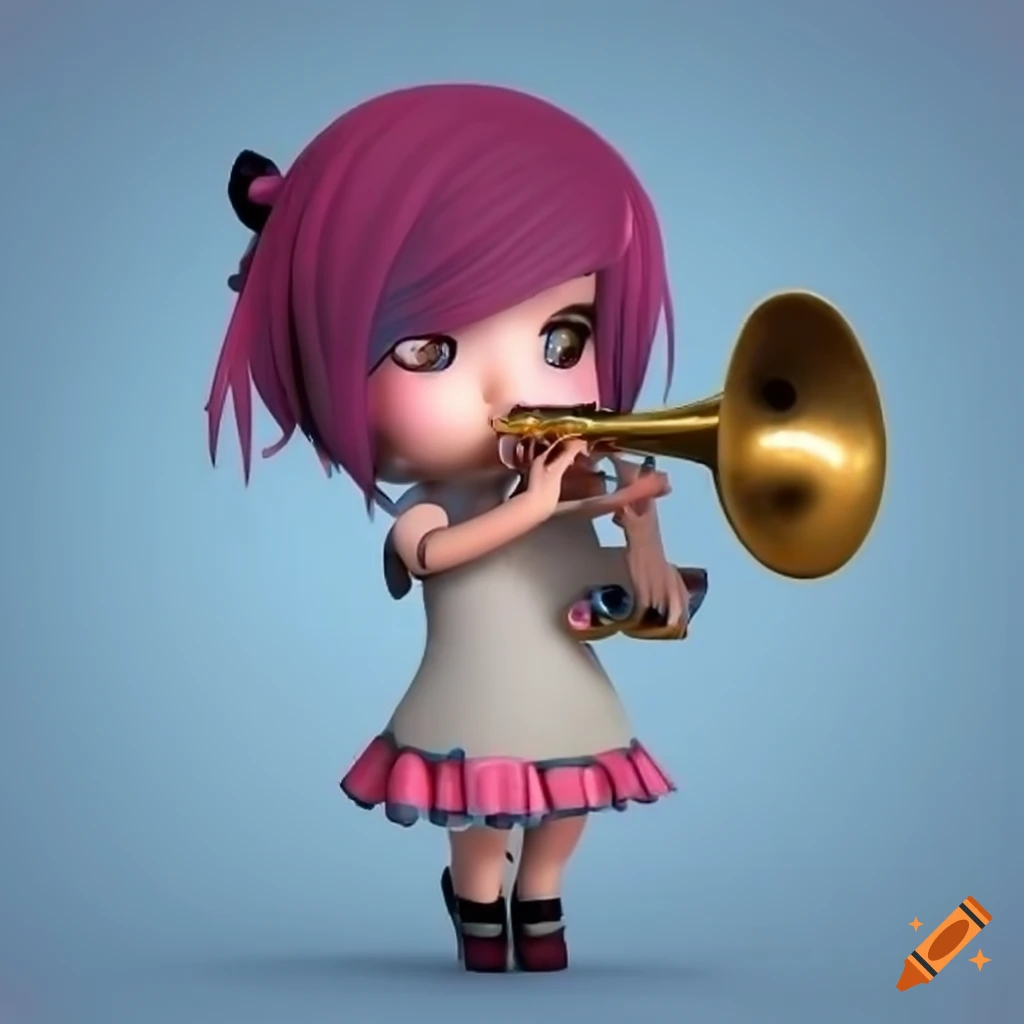 Adorable chibi girl playing trumpet