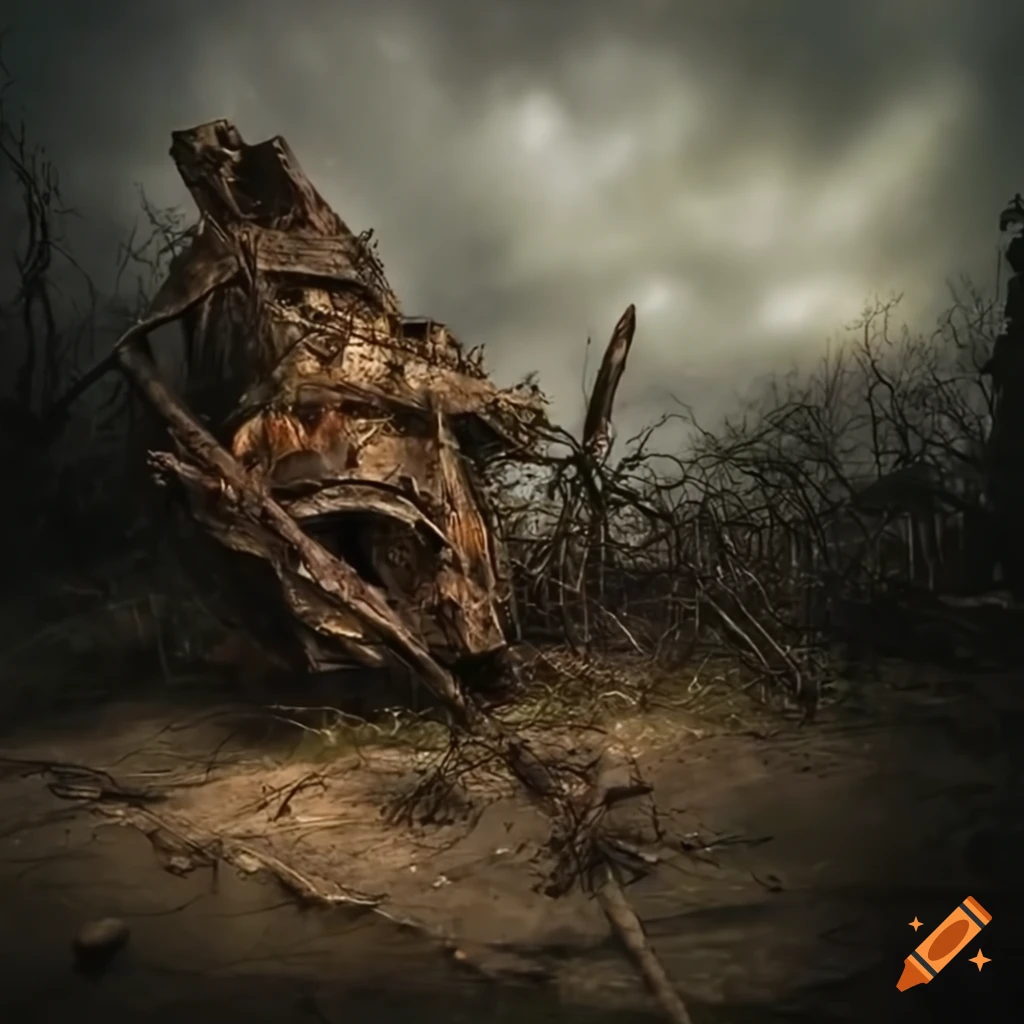 Distorted tank caught in branches web in a dramatic landscape on Craiyon