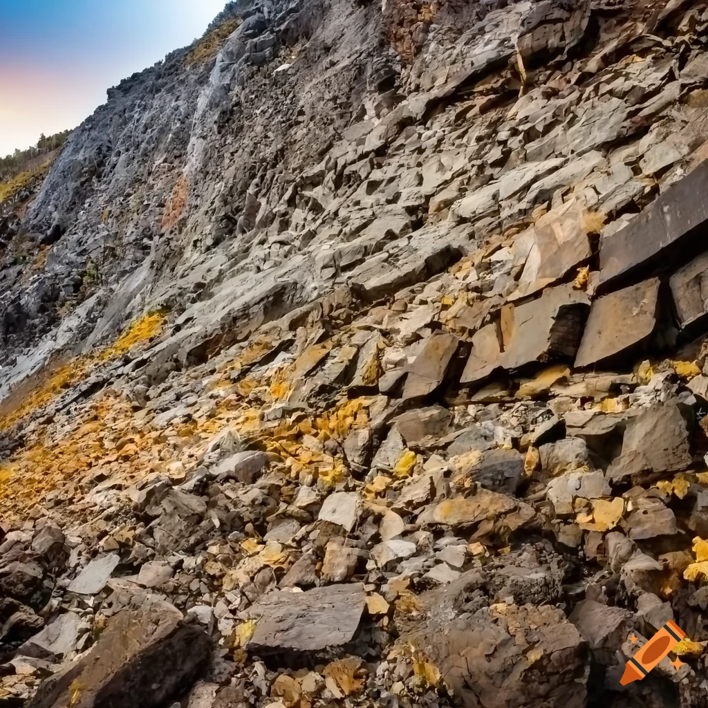 Autumn sunset view of a closeup basalt excavation on Craiyon