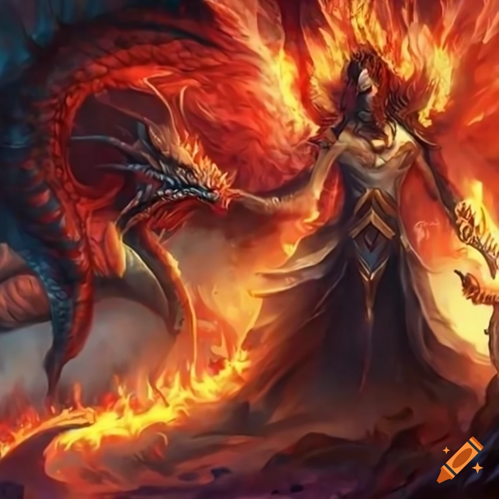 Epic artwork of a sorcerer summoning a fiery dragon