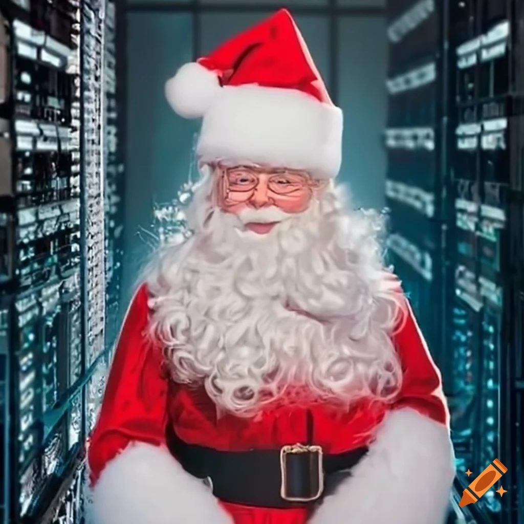 Humorous illustration of santa claus in a server rack