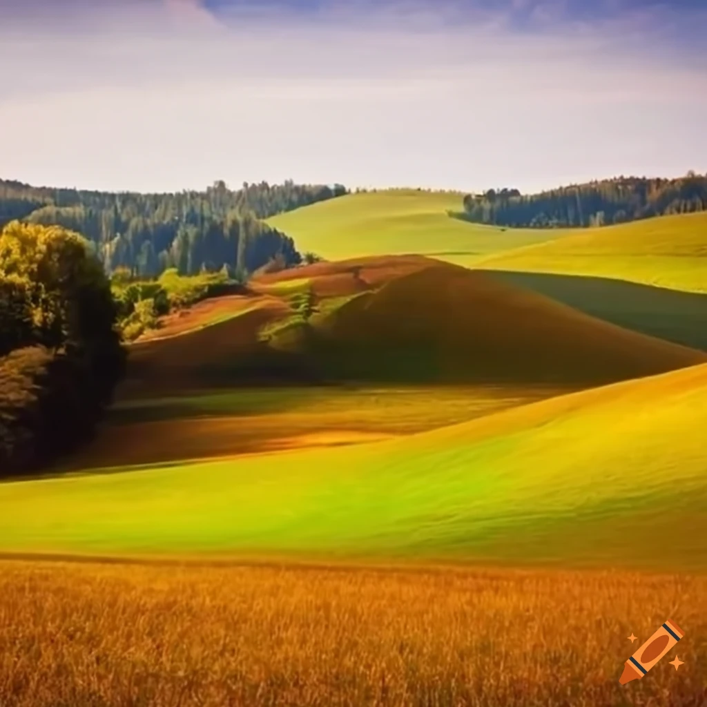 Summer landscape with a red barn in the rolling hills