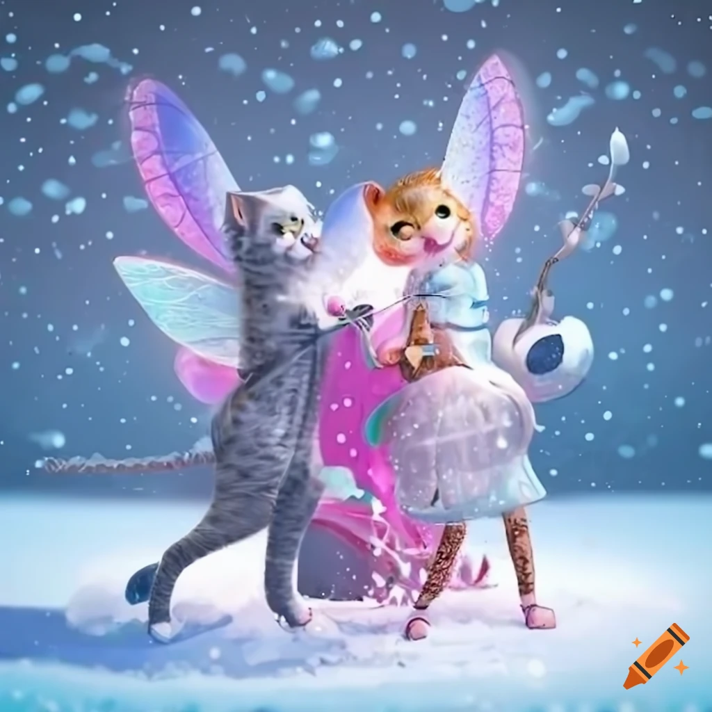 Fantasy artwork of two DJ cats in a snowy winter landscape on Craiyon