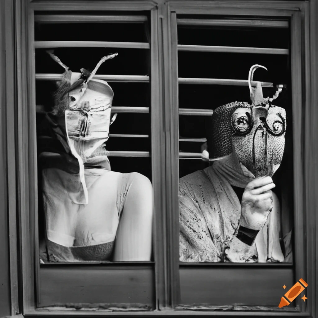 Vintage-style photograph of people wearing insect masks at a window on ...