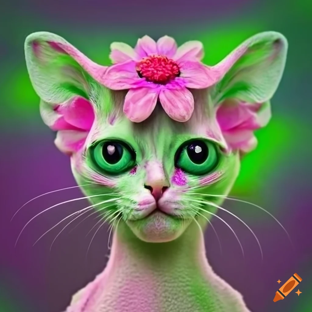 Cat with flower-shaped head in pink and green colors on Craiyon