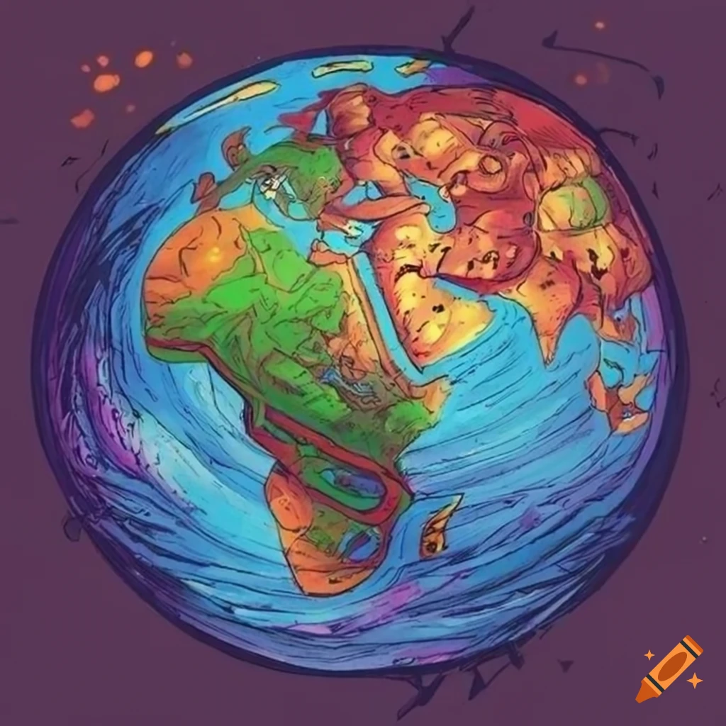 Hand-drawn comic art of colorful planet earth