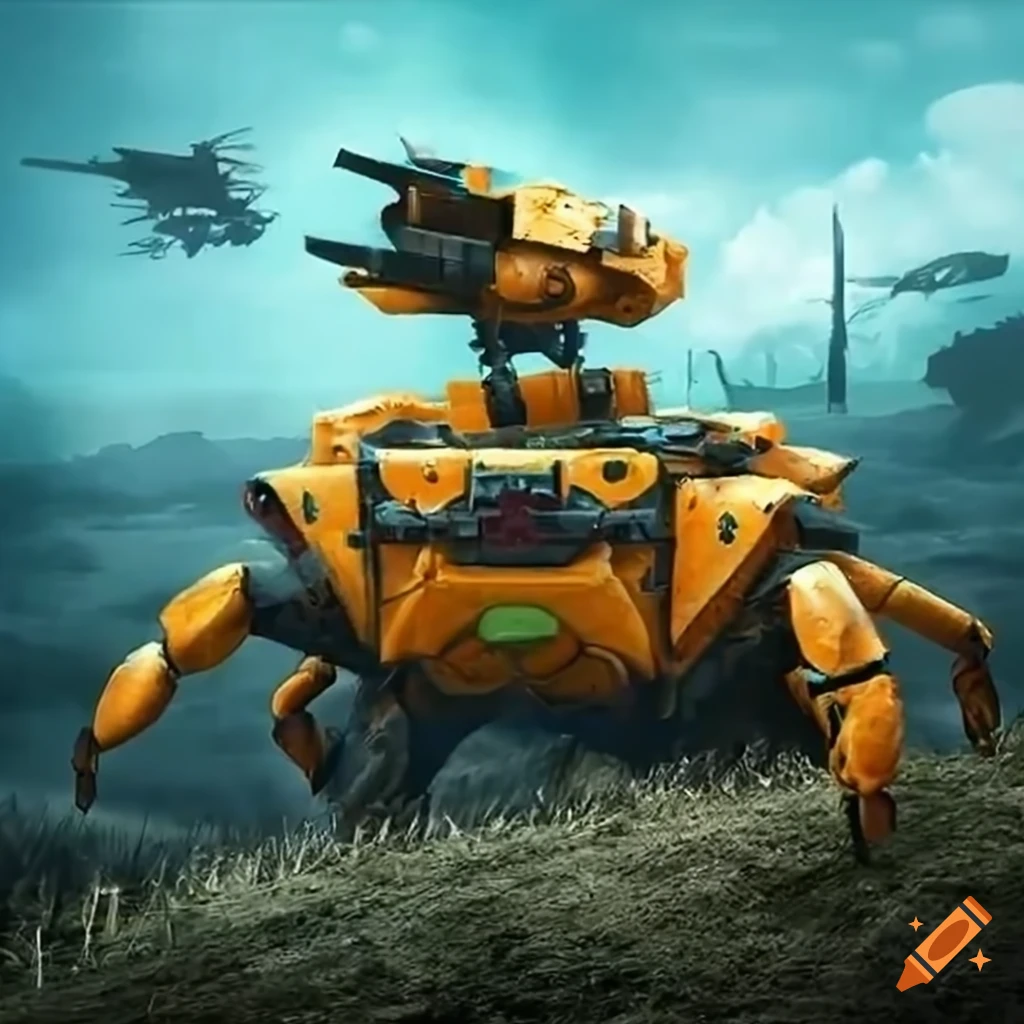 Image of a victorious robotic crab-tank in a battlefield
