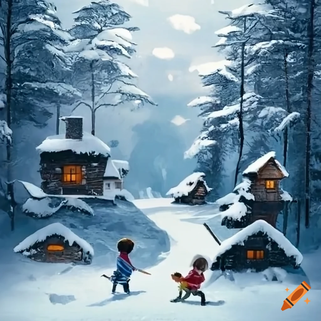 Snow-covered mountain with houses and kids playing on Craiyon