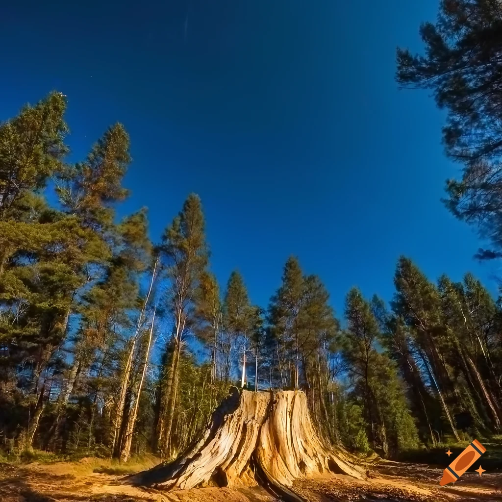 Wide shot of a giant tree stump in a pine forest at night on Craiyon