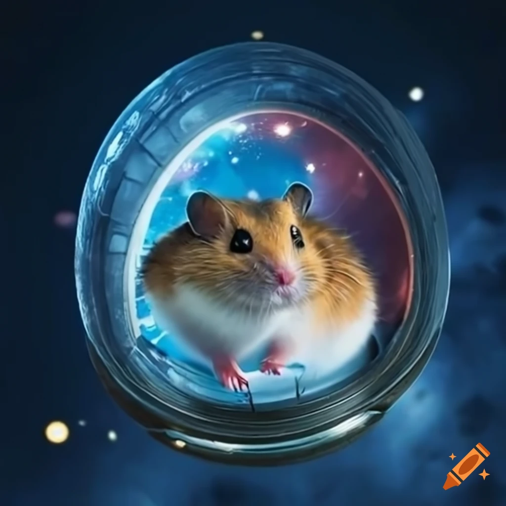 Cute hamster in a space suit floating near a spaceship