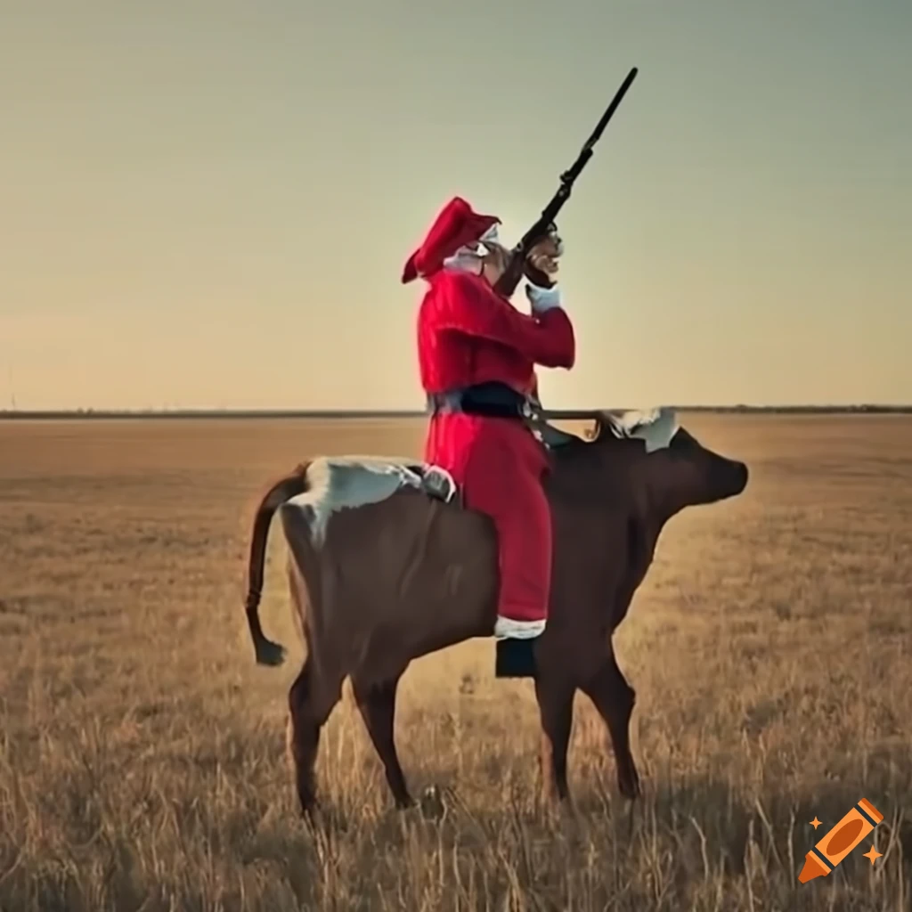 Cowboy santa on cow shooting a rifle in a field on Craiyon