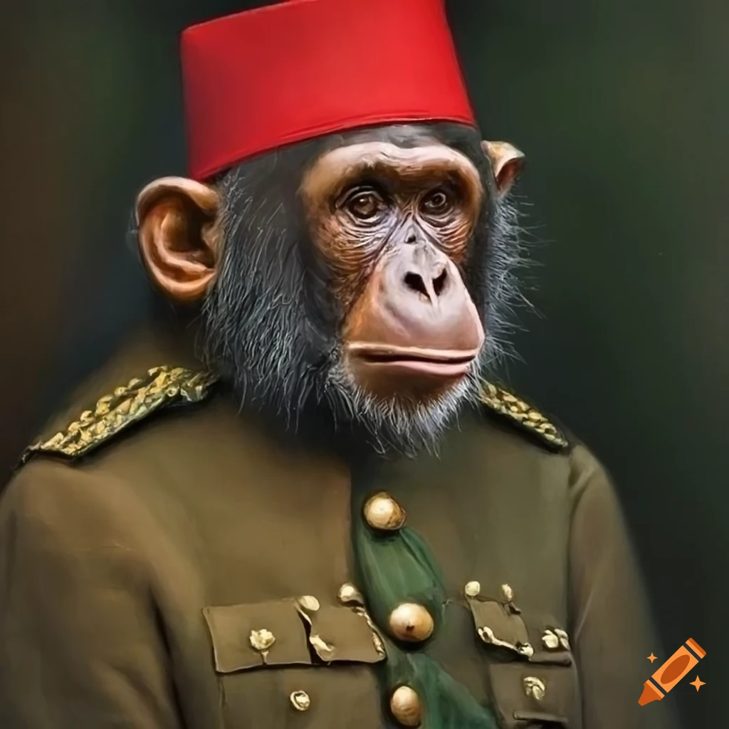 Oil portrait of a chimpanzee wearing a fez and military tunic on Craiyon