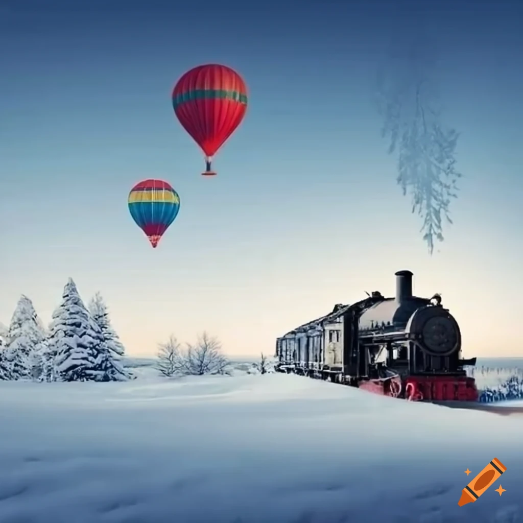 Winter scene with steam train and hot air balloon on Craiyon