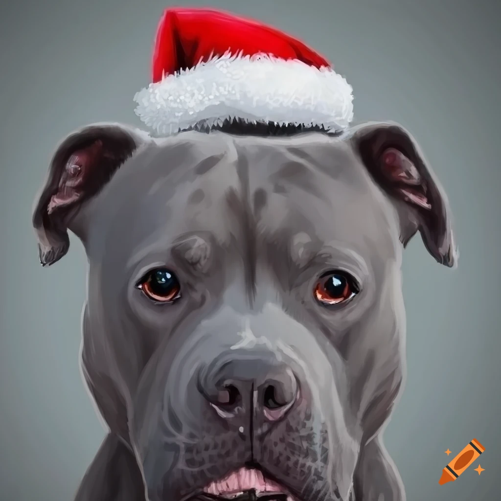 Detailed portrait of a pitbull wearing a santa hat