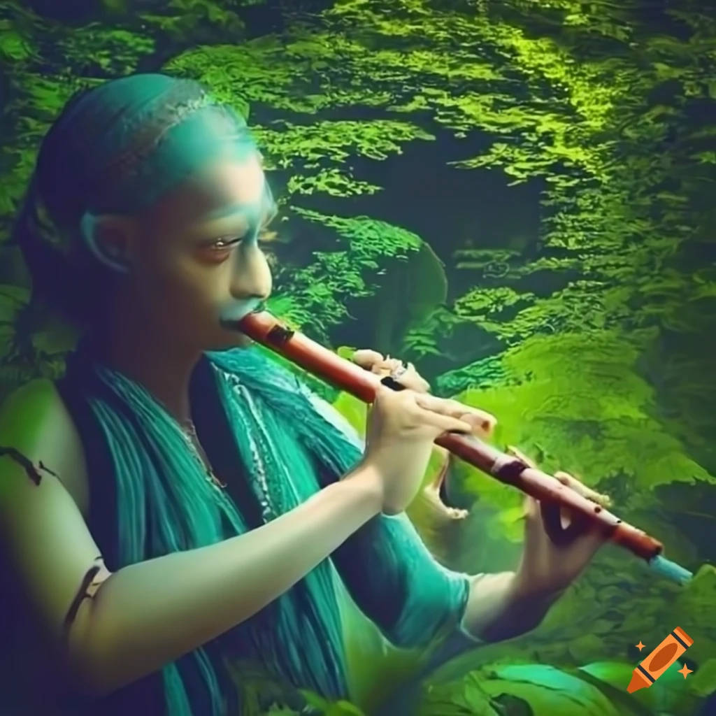 Mystical scene of a person playing the flute in nature on Craiyon