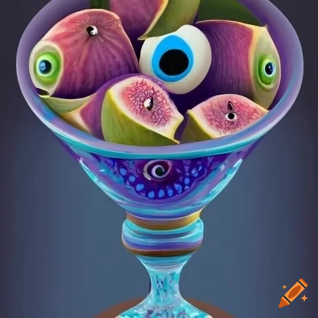 Goblet with evil eye design and figs and eyeballs inside on Craiyon