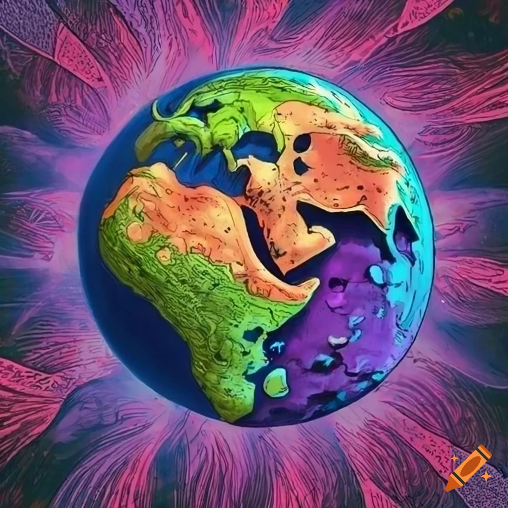 Hand-drawn comic art of colorful planet earth