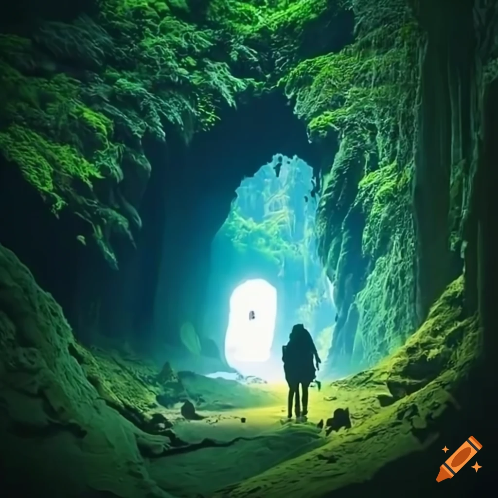 Image of an ancient hidden cave in a dense forest on Craiyon