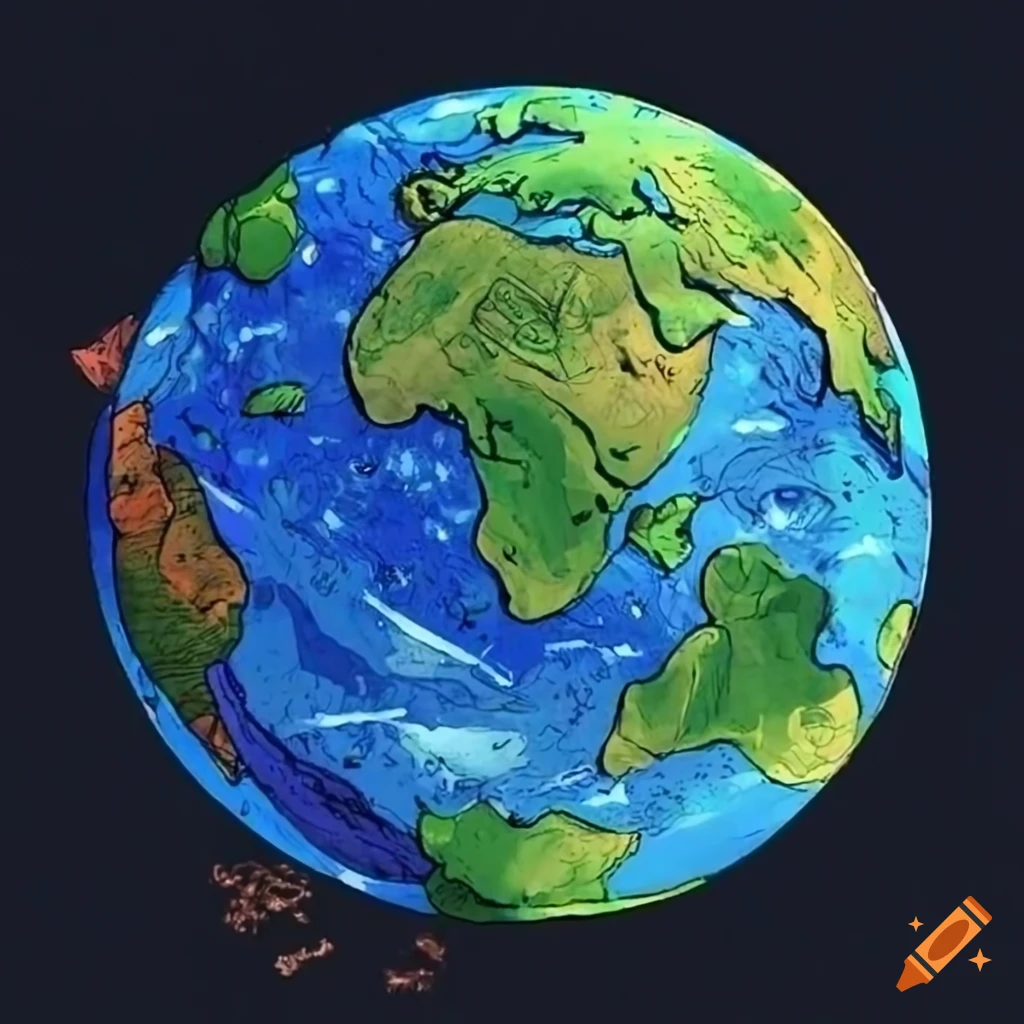 Hand-drawn comic art of a colorful planet earth on Craiyon