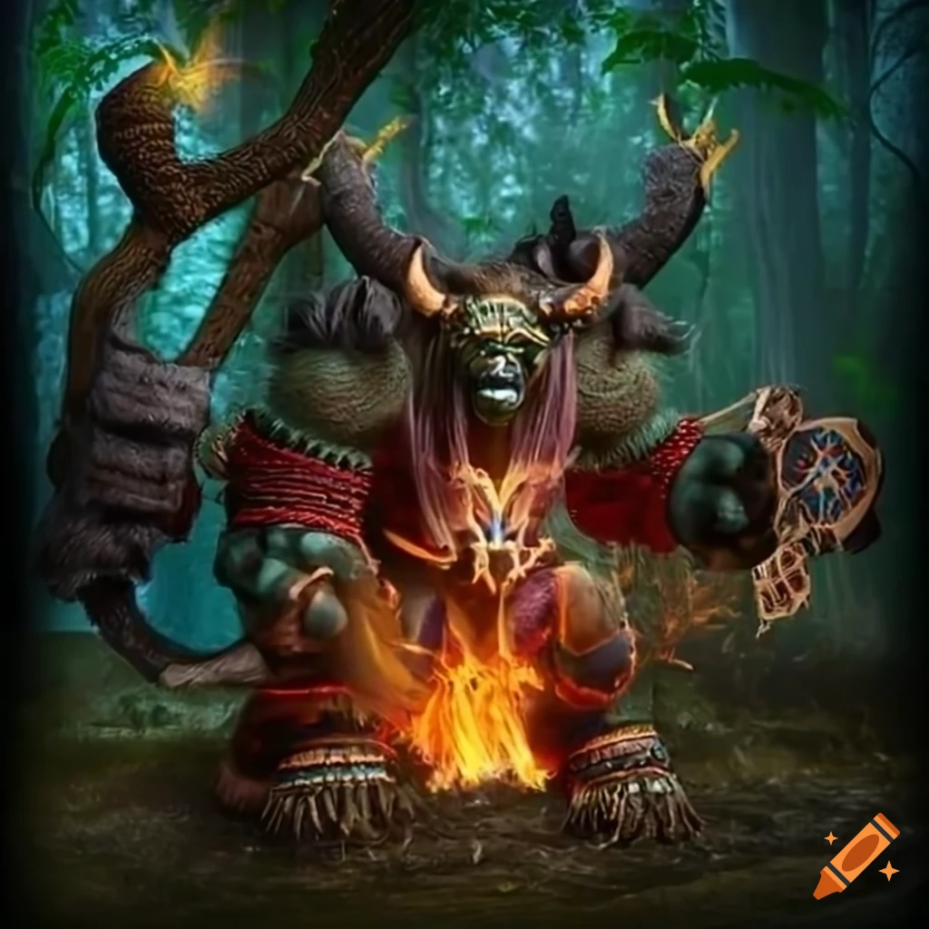 Image of a powerful tauren shaman casting spells on Craiyon