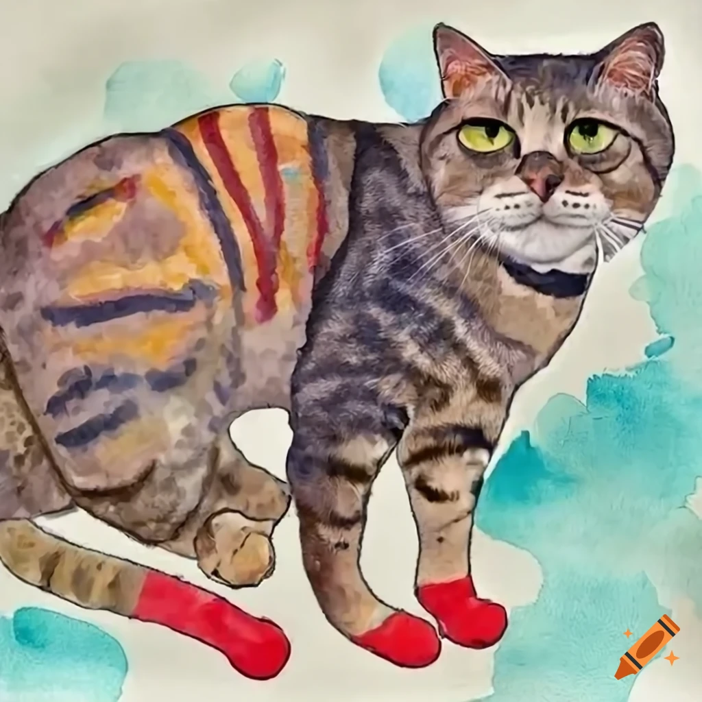 Confused tabby cat with red socks