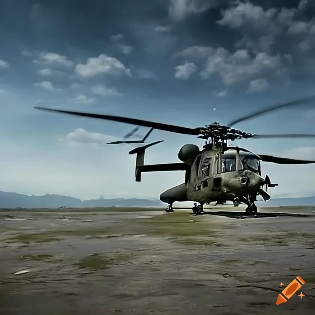 Realistic image of an army helicopter and airplane at a base on Craiyon
