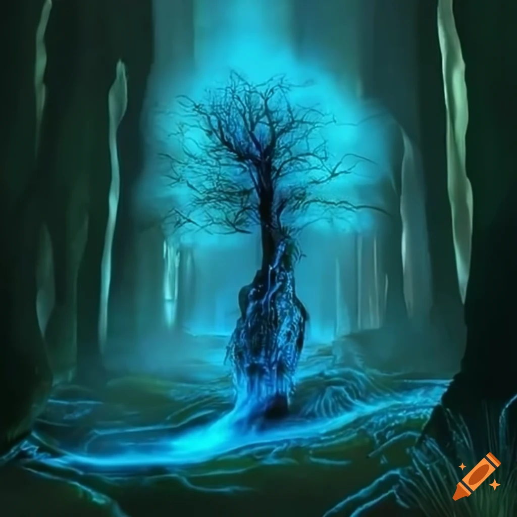 Image of a magical forest with bioluminescent plants and twisted trees on Craiyon