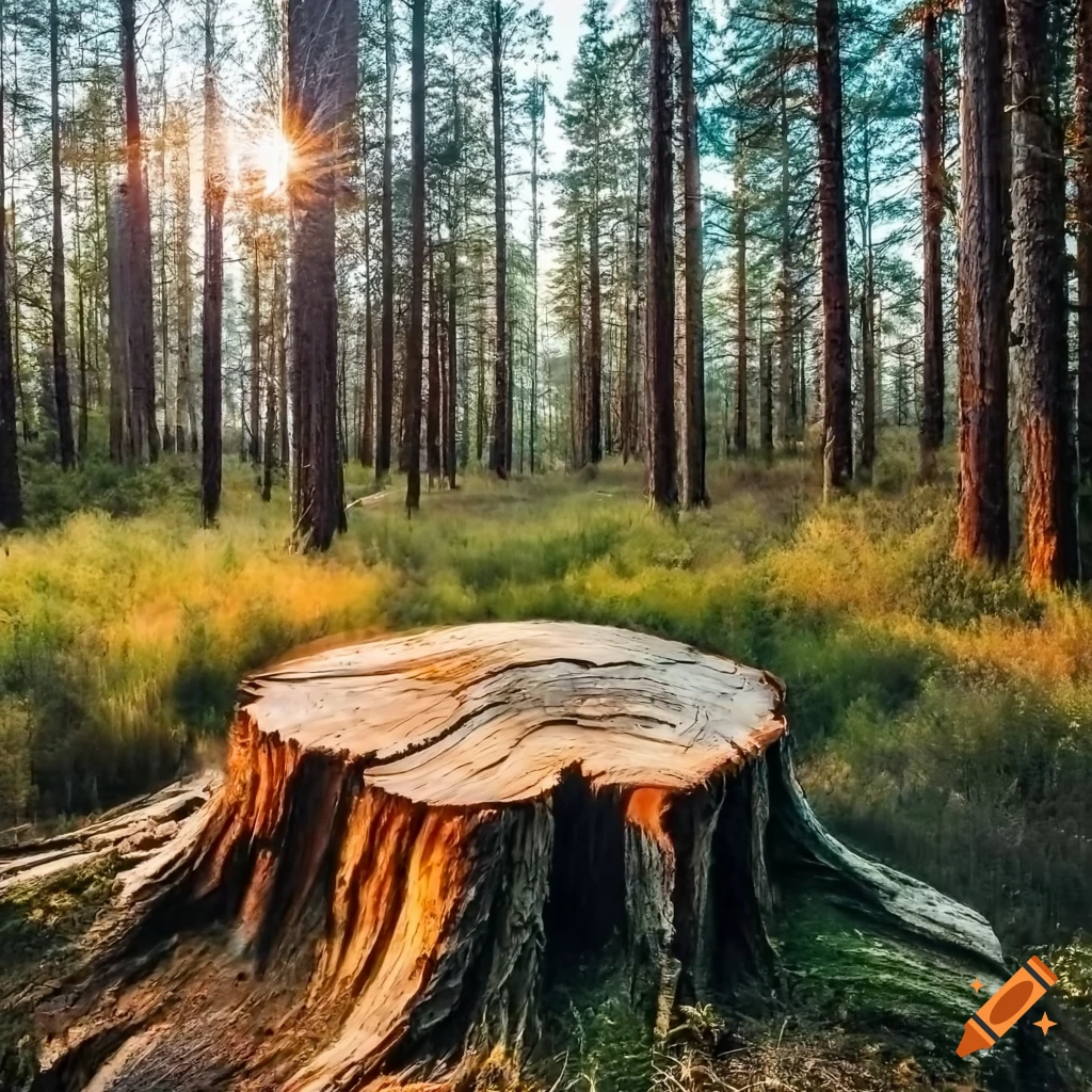 Sunset view of a big tree stump in a pine forest